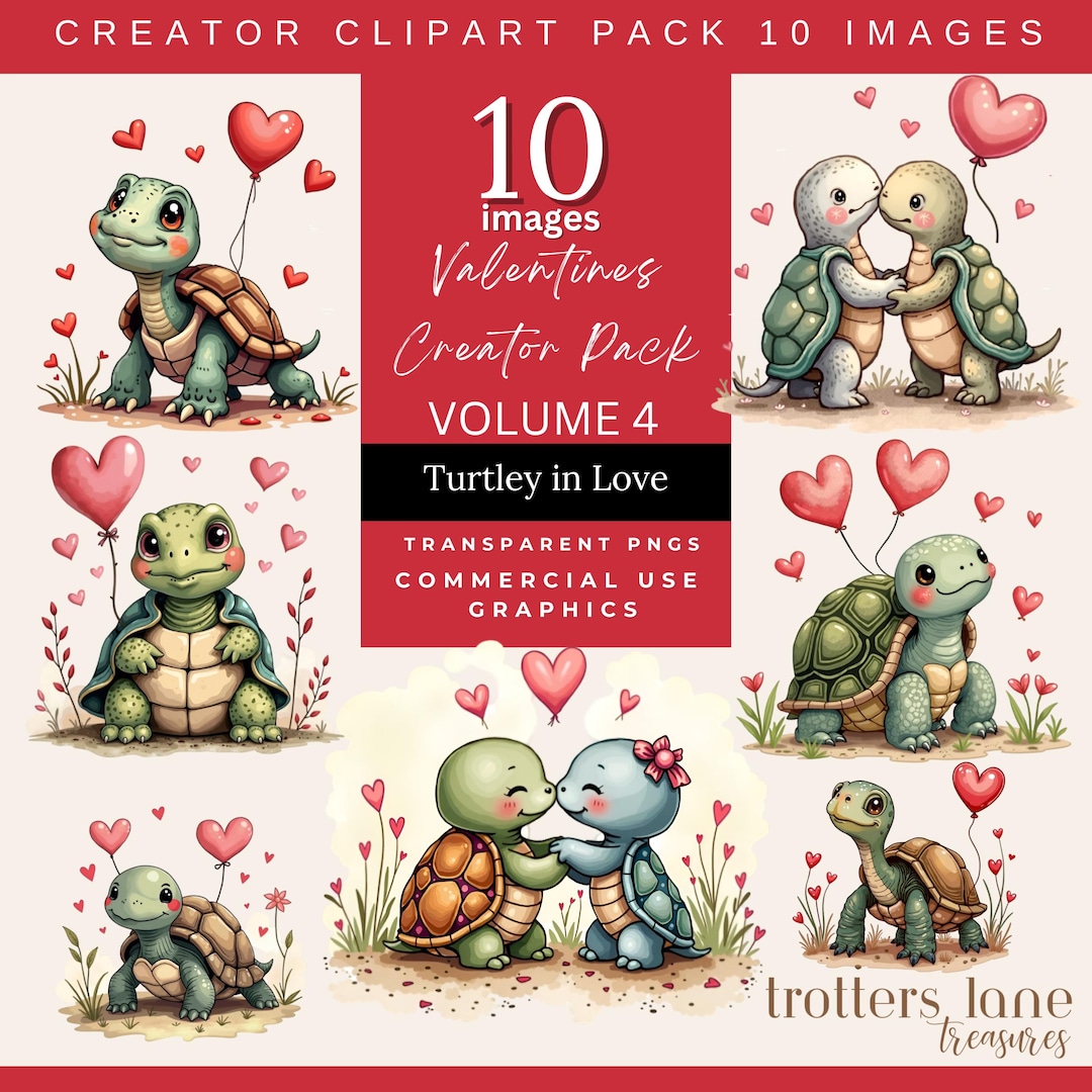 Valentine’s Day Turtle Clipart | Turtley in Love PNG Pack | Cute Turtle ...