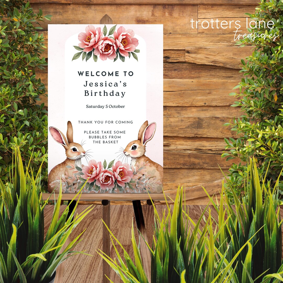 Editable Bunny Birthday Welcome Sign – Floral Pastel Party Printable ...