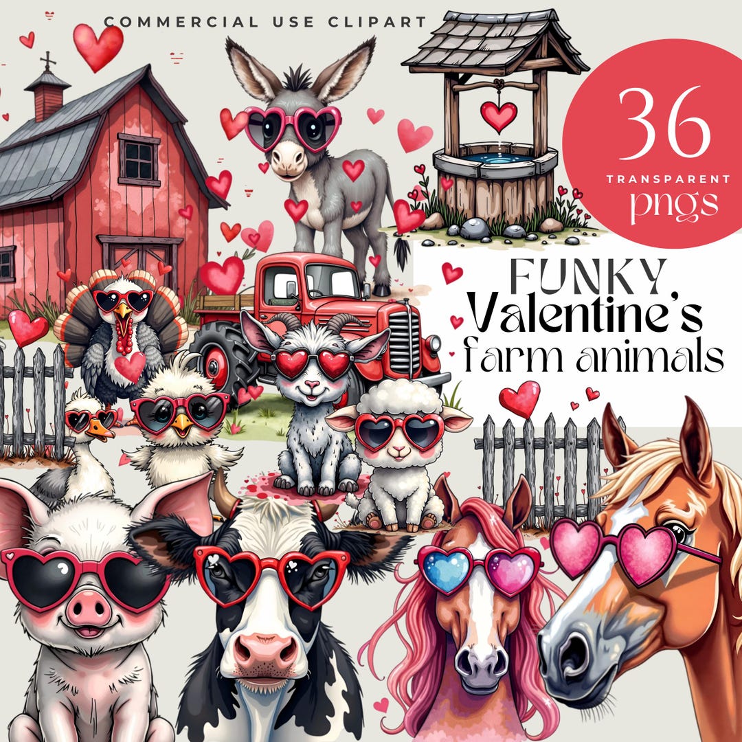 Funky Valentine Farm Animals Clipart | Heart Sunglasses Animals ...