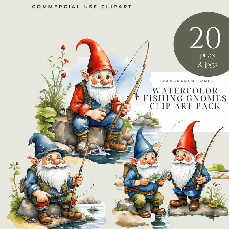 Watercolor Fishing Gnome Clipart 20 PNG & JPG, Instant Download, Commercial Use, Scrapbooking ...