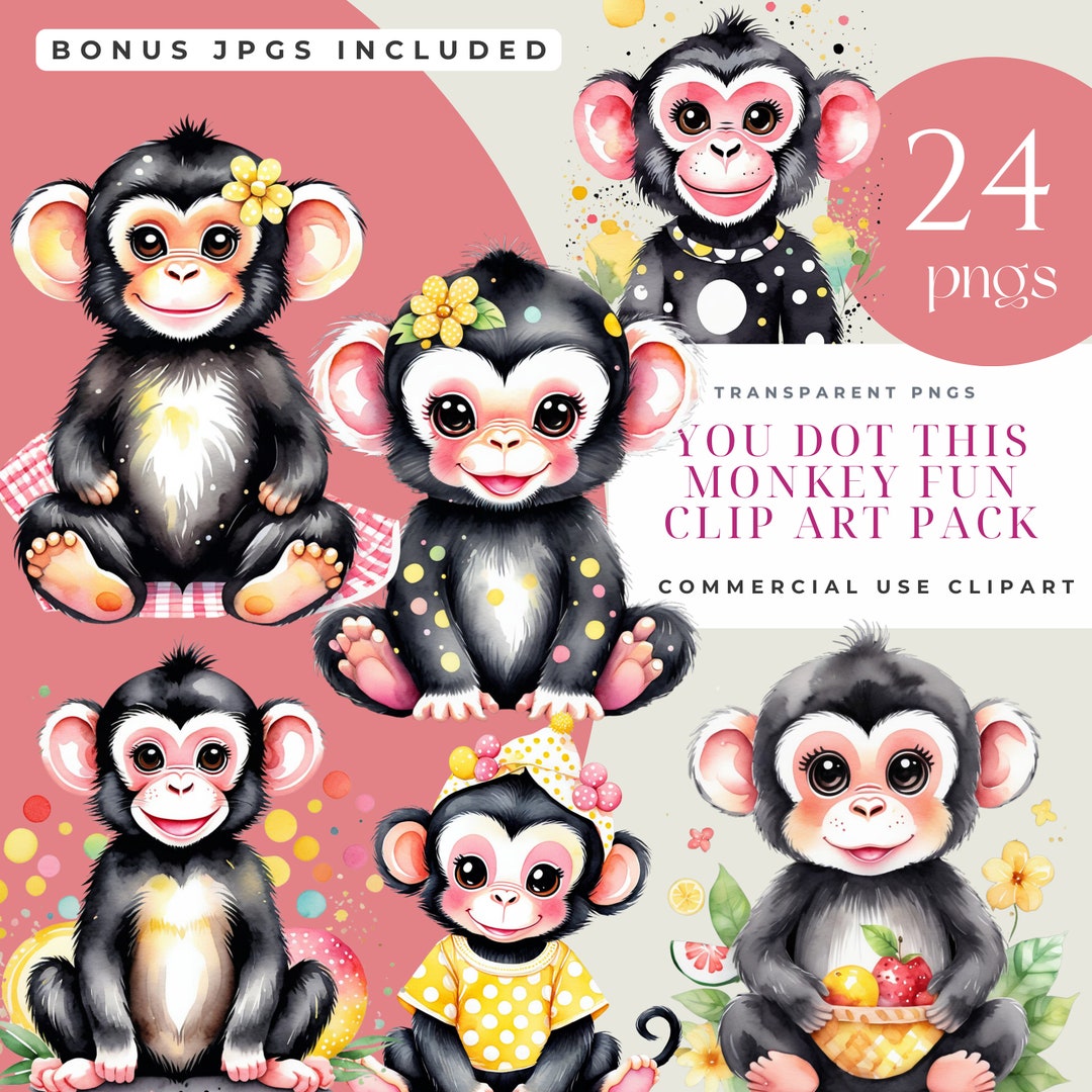 Monkey Fun Clipart Pack - 24 Pngs With Bonus Jpgs, Instant Download ...