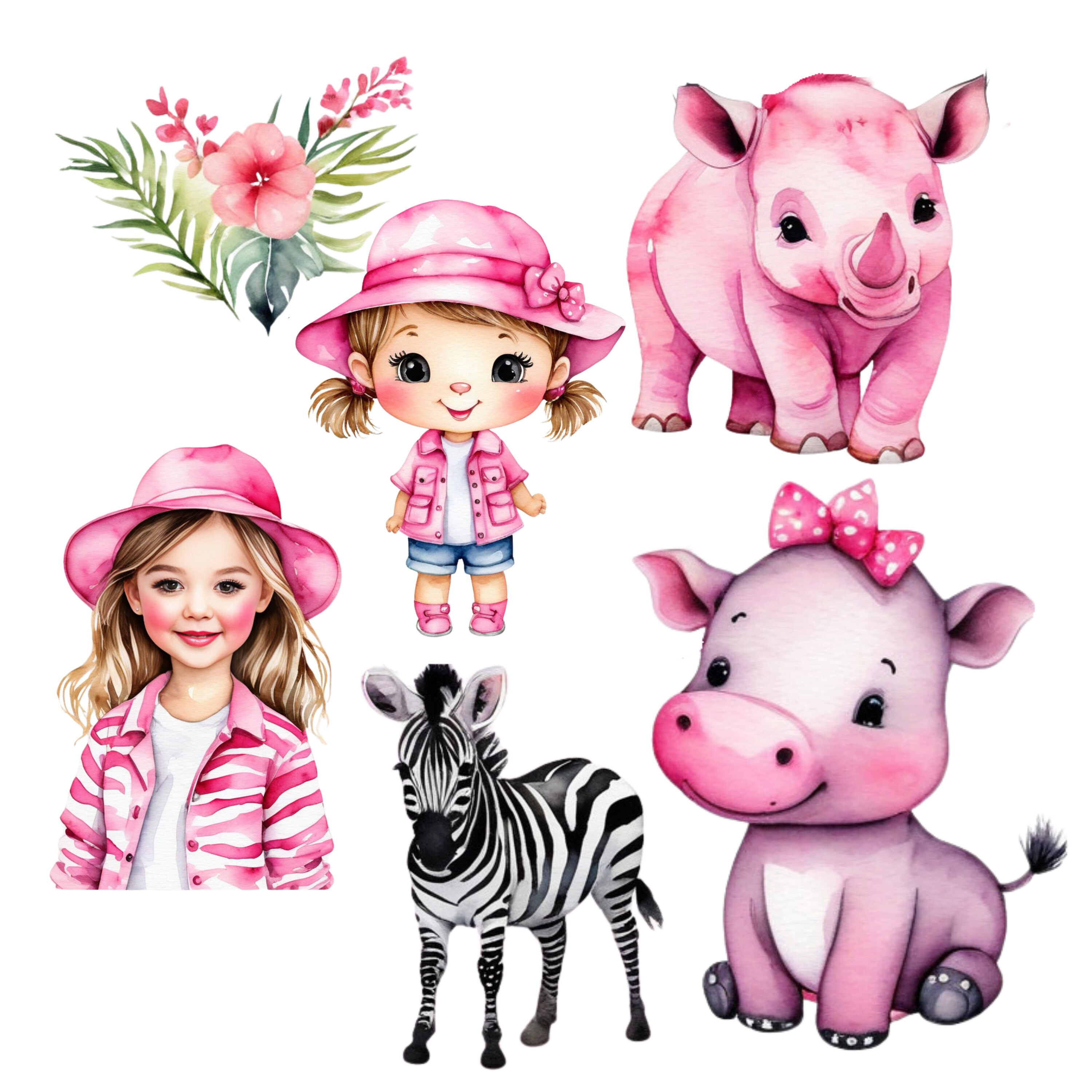 Safari Baby Animals Watercolor Clipart 32 High Quality Jpgs, Pink ...