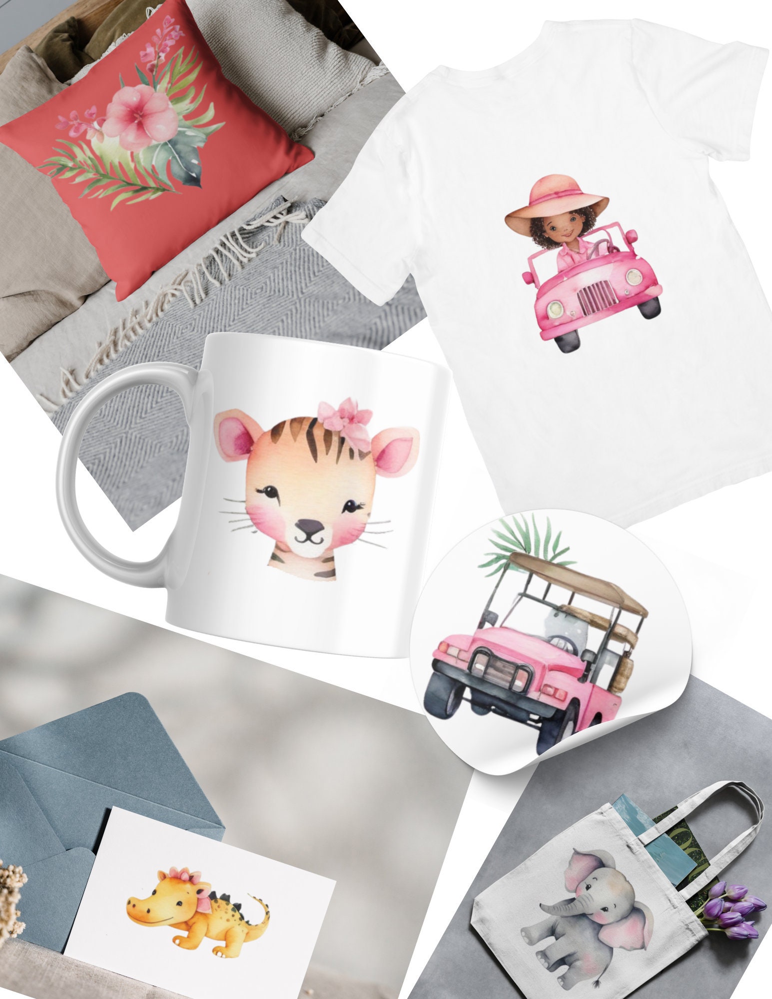 Chic Pink Safari Watercolor Clipart Jungle Animals, Adventurous Girl ...