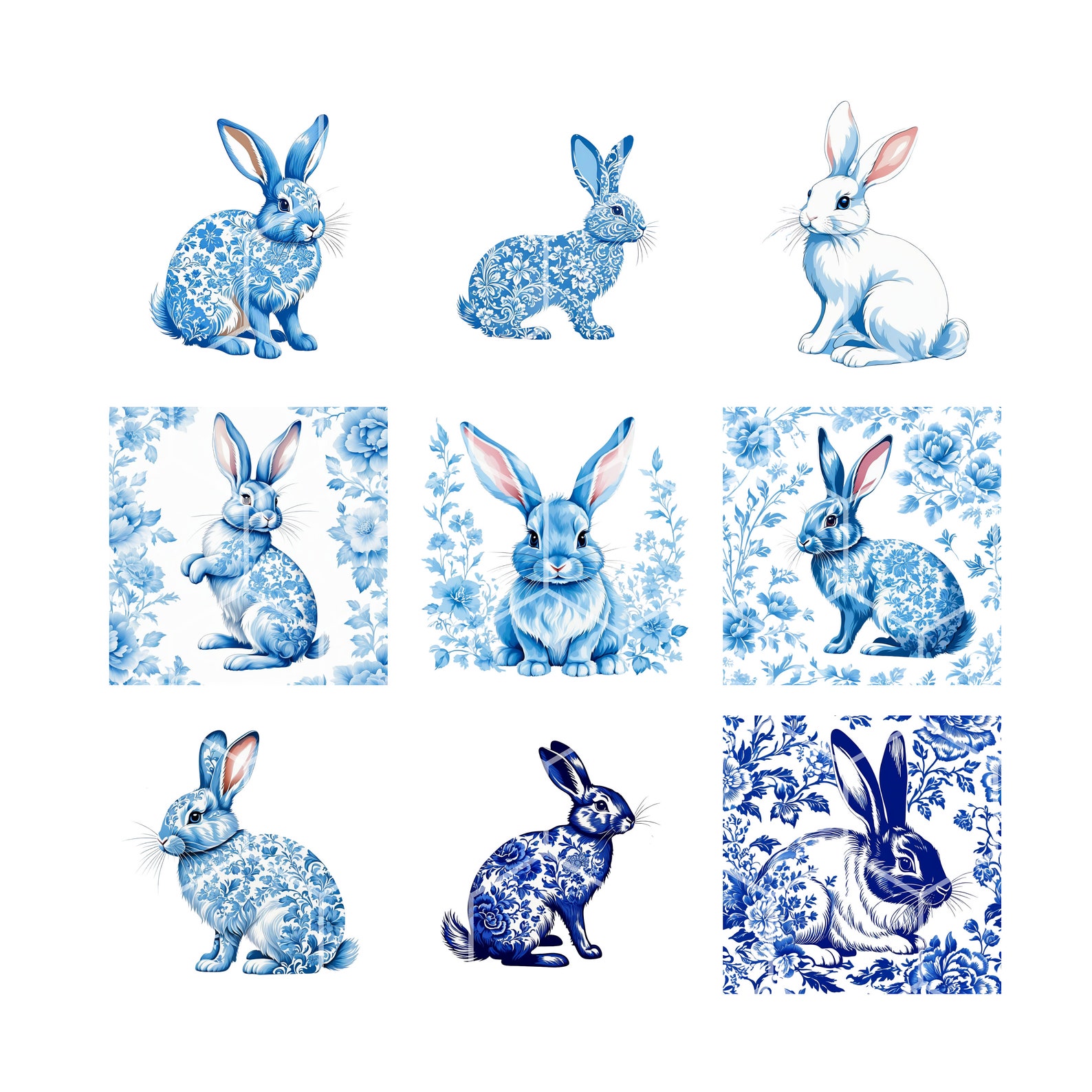 Blue Toile Bunny Clipart Pack - Transparent Pngs, Floral Toile Borders ...