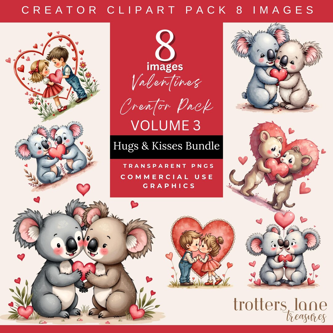 Valentines Day Koala Clipart Bundle | Hugs and Kisses Digital PNG Pack ...