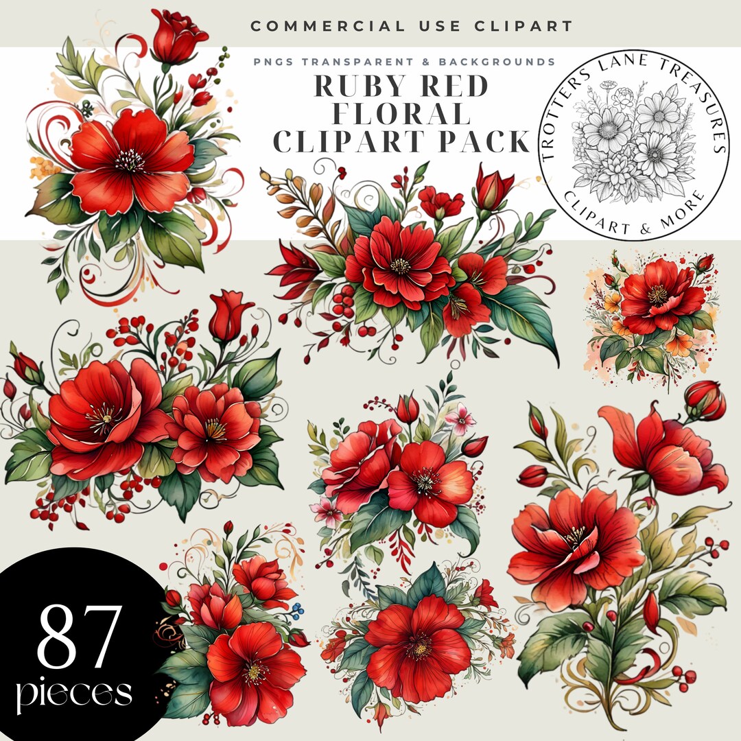 Red Floral Clipart Bundle – 87 Pngs of Ruby Red Flowers & Bouquets ...