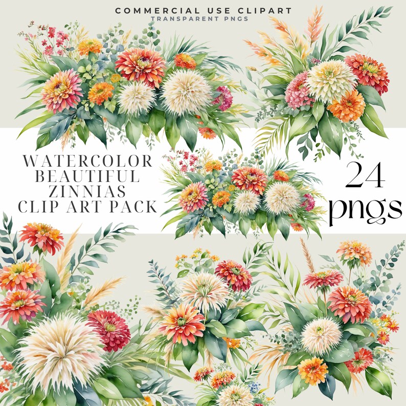Watercolor Zinnia Clipart Pack - 24 Pngs, Instant Download, Commercial ...