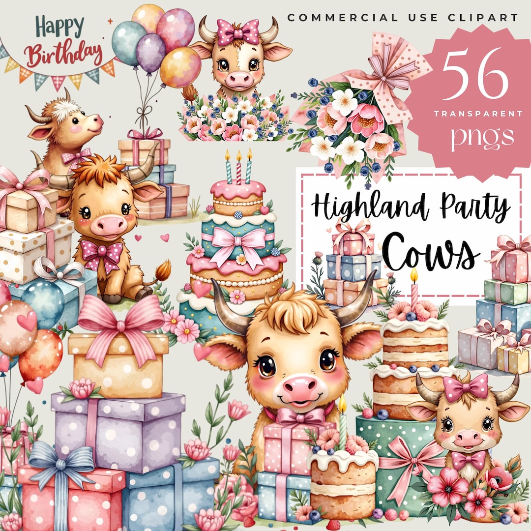 Highland Cow Party Clipart | Birthday Cow Graphics | Farm Animal ...