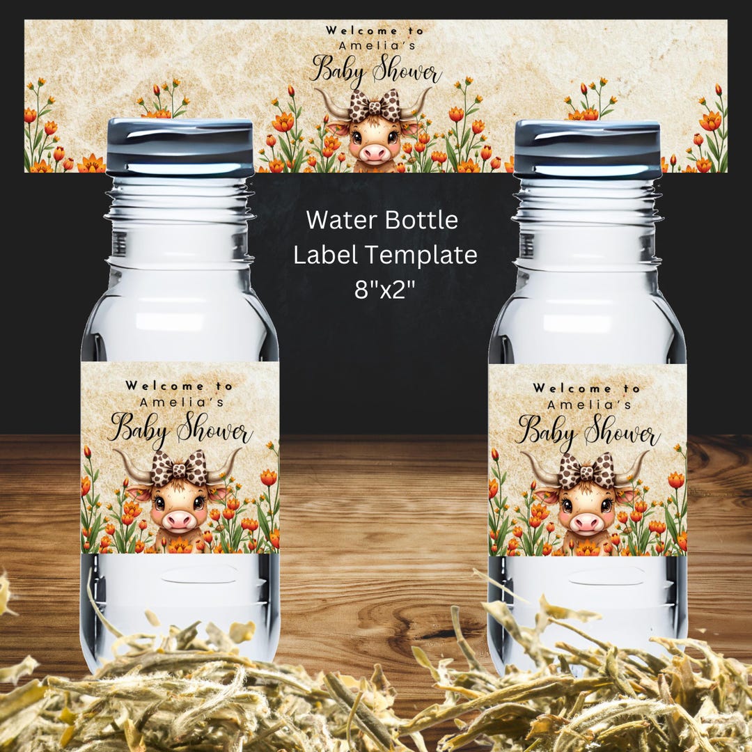 Highland Cow Baby Shower Water Bottle Label Template | Rustic "little ...