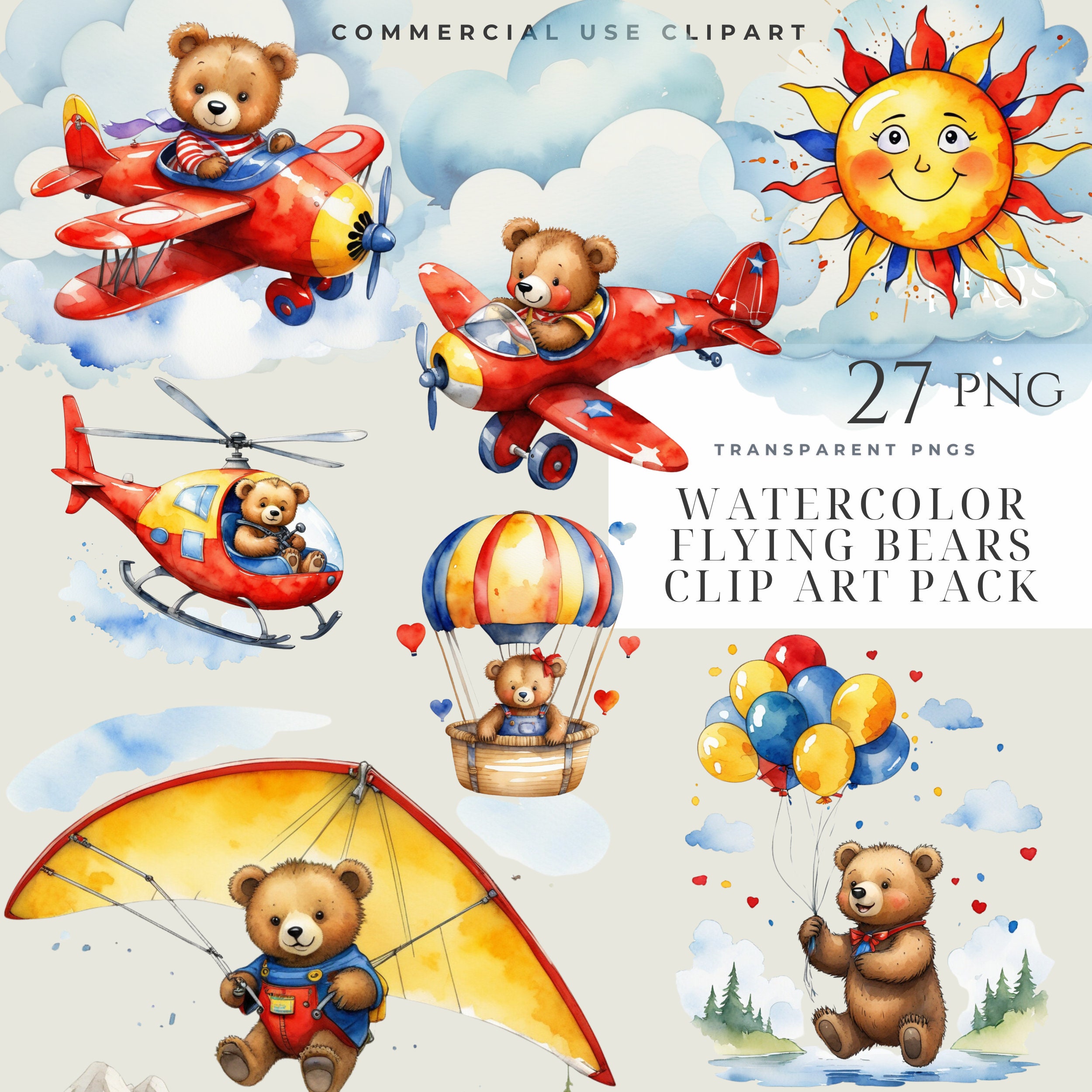 Flying Bear Clipart - 27 Pngs, Instant Download, Commercial Use, Kids ...