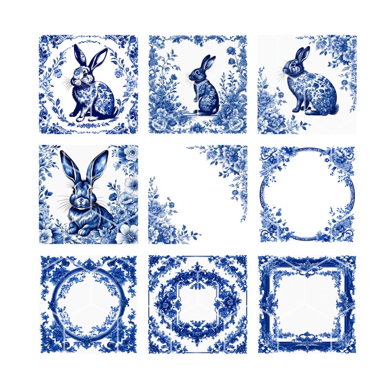 Blue Toile Bunny Clipart Pack - Transparent Pngs, Floral Toile Borders ...