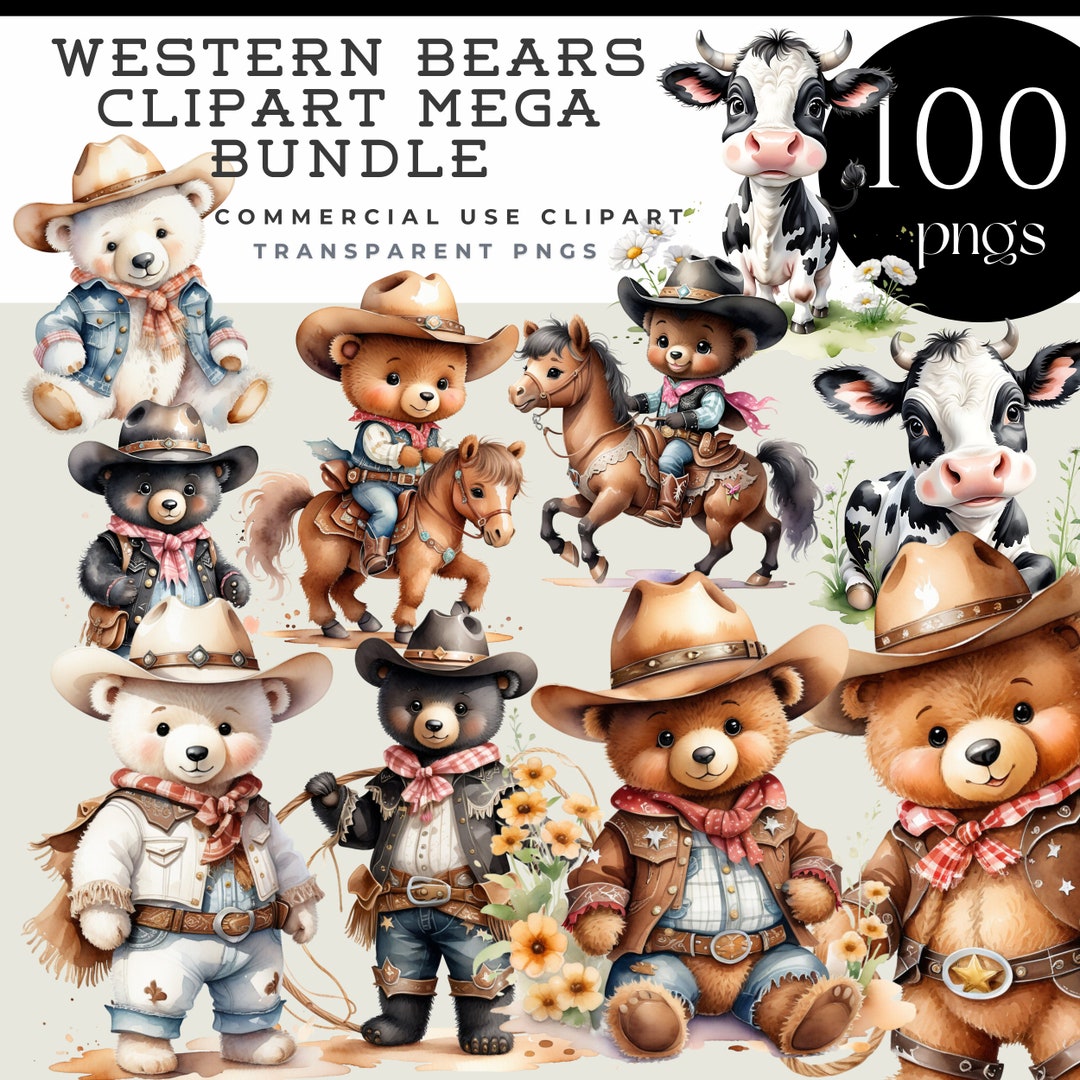 Western Bears Clipart, Rodeo Animals PNG, Cowboy Birthday Clipart ...