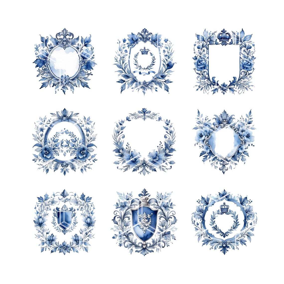 Blue Crest Clipart, Watercolor Wedding Crest Clipart, Floral Crest ...