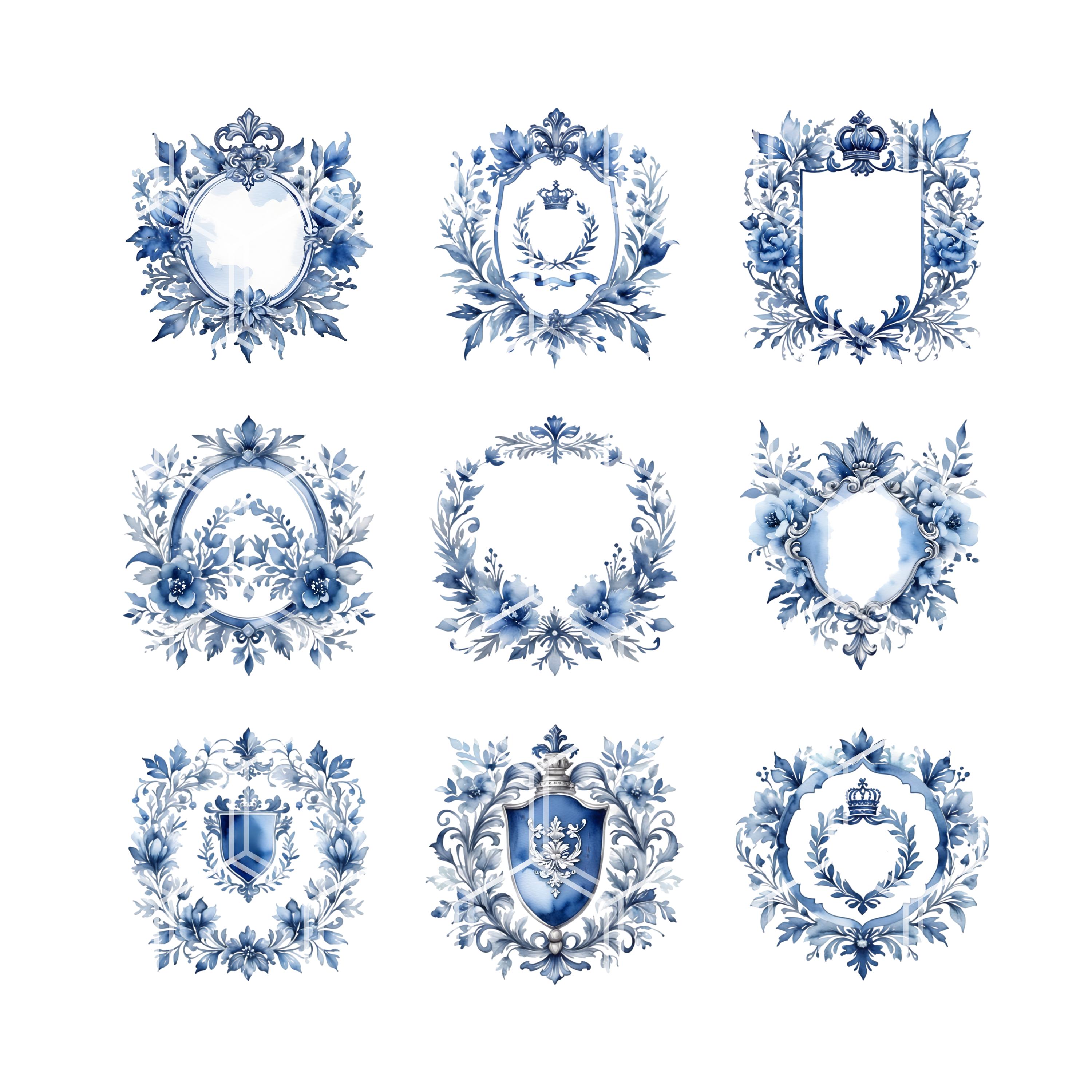 Blue Crest Clipart, Watercolor Wedding Crest Clipart, Floral Crest ...