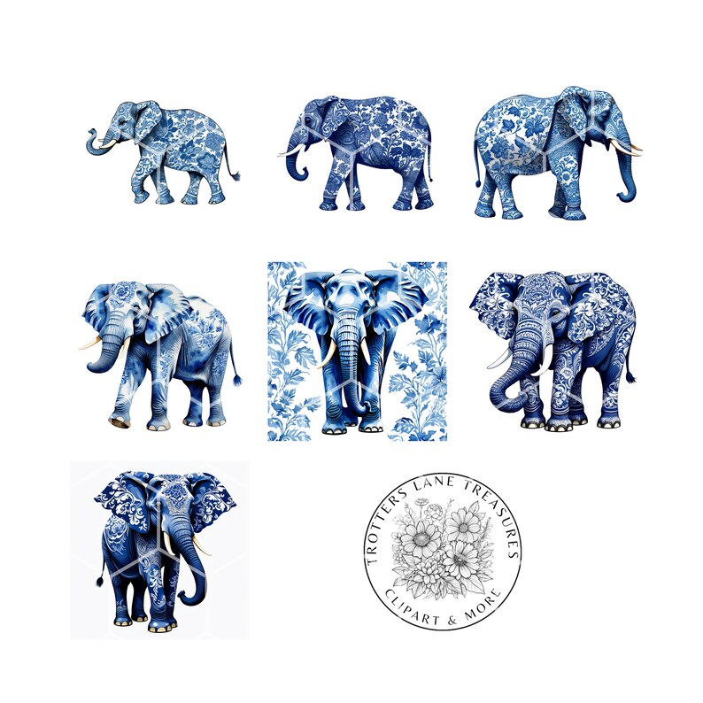 Toile Blue Clipart, Toile Blue Elephants Clipart - 25 Pngs, Elegant ...
