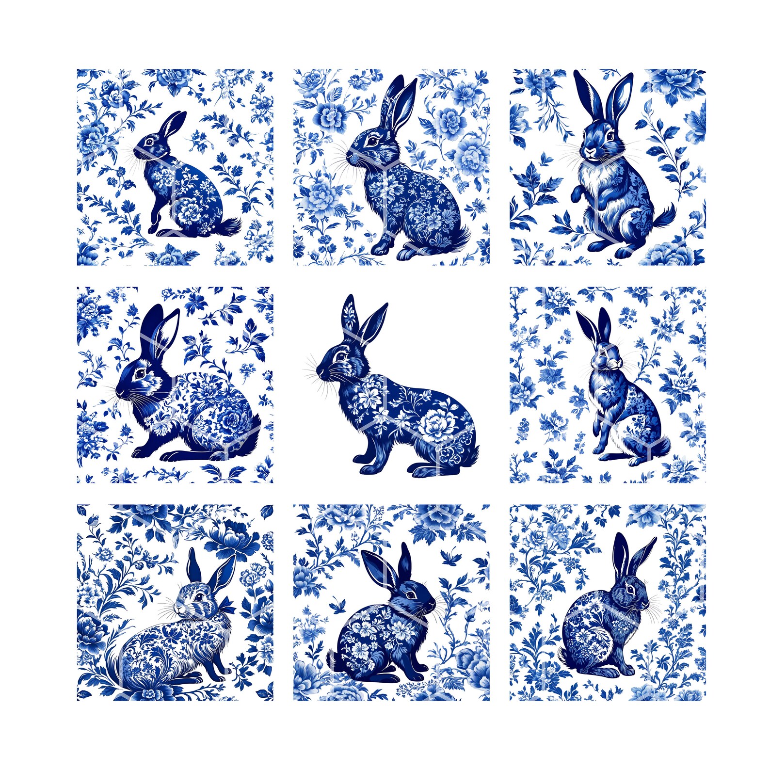 Blue Toile Bunny Clipart Pack - Transparent Pngs, Floral Toile Borders ...