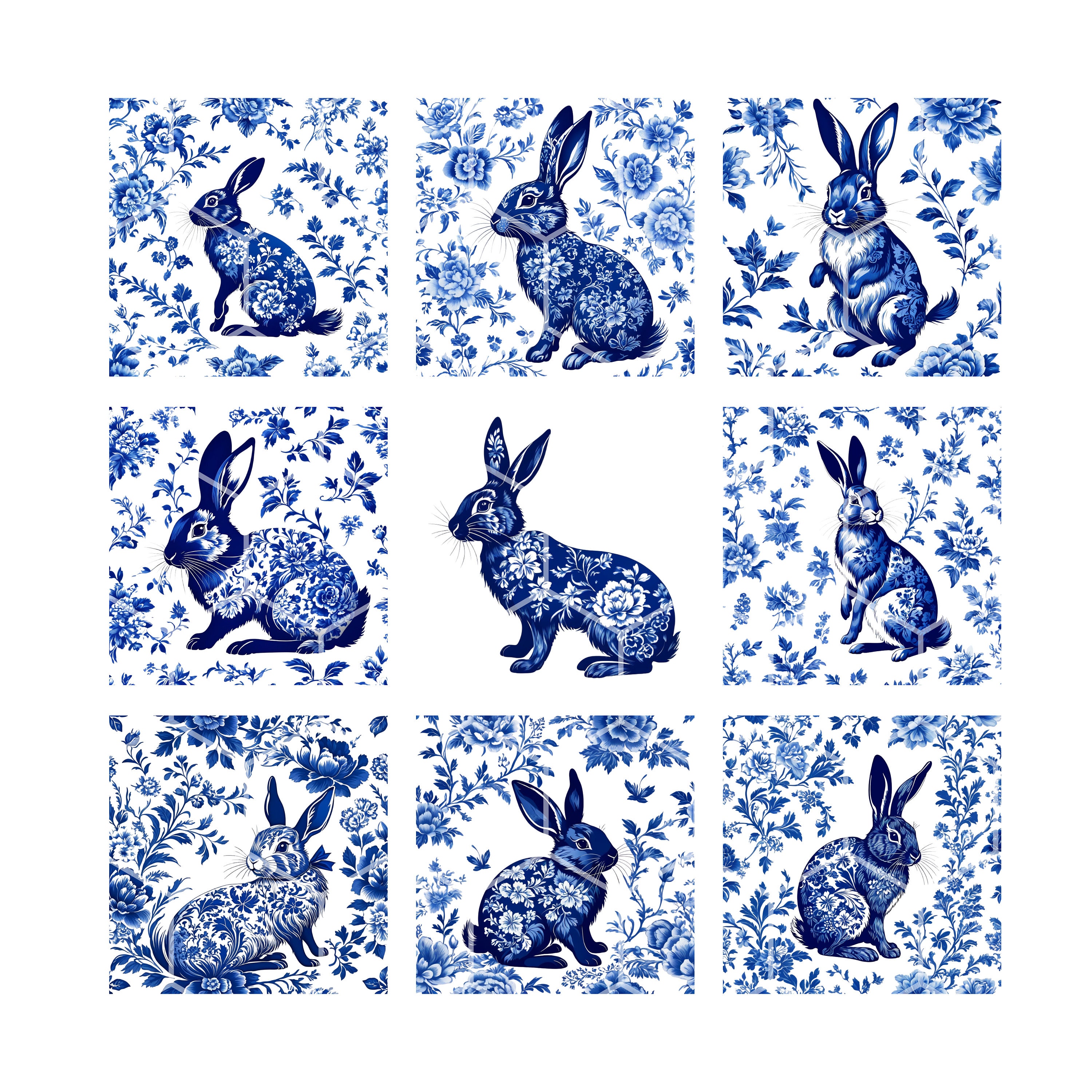 Blue Toile Bunny Clipart Pack - Transparent Pngs, Floral Toile Borders ...
