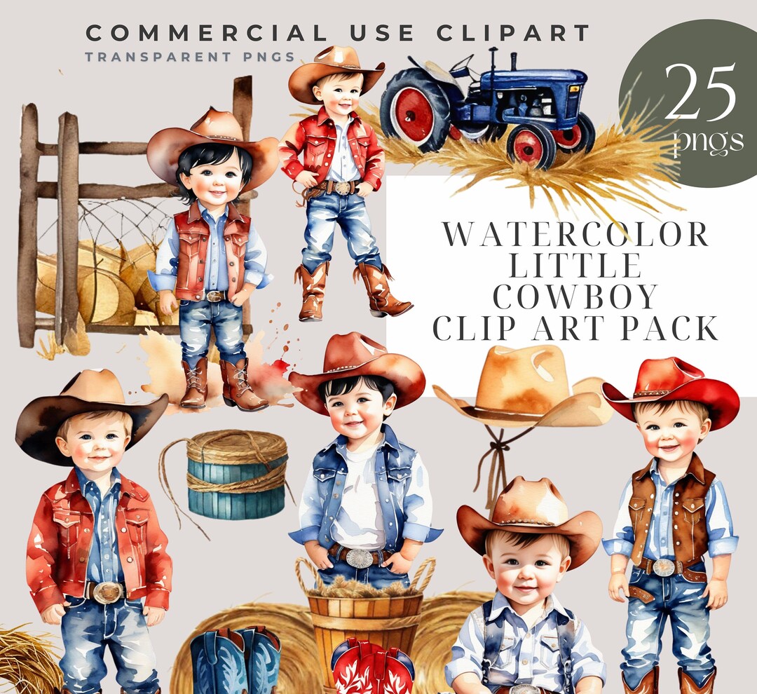 Little Cowboy Clipart, Watercolor Western Baby Shower, Cowboy Nursery ...