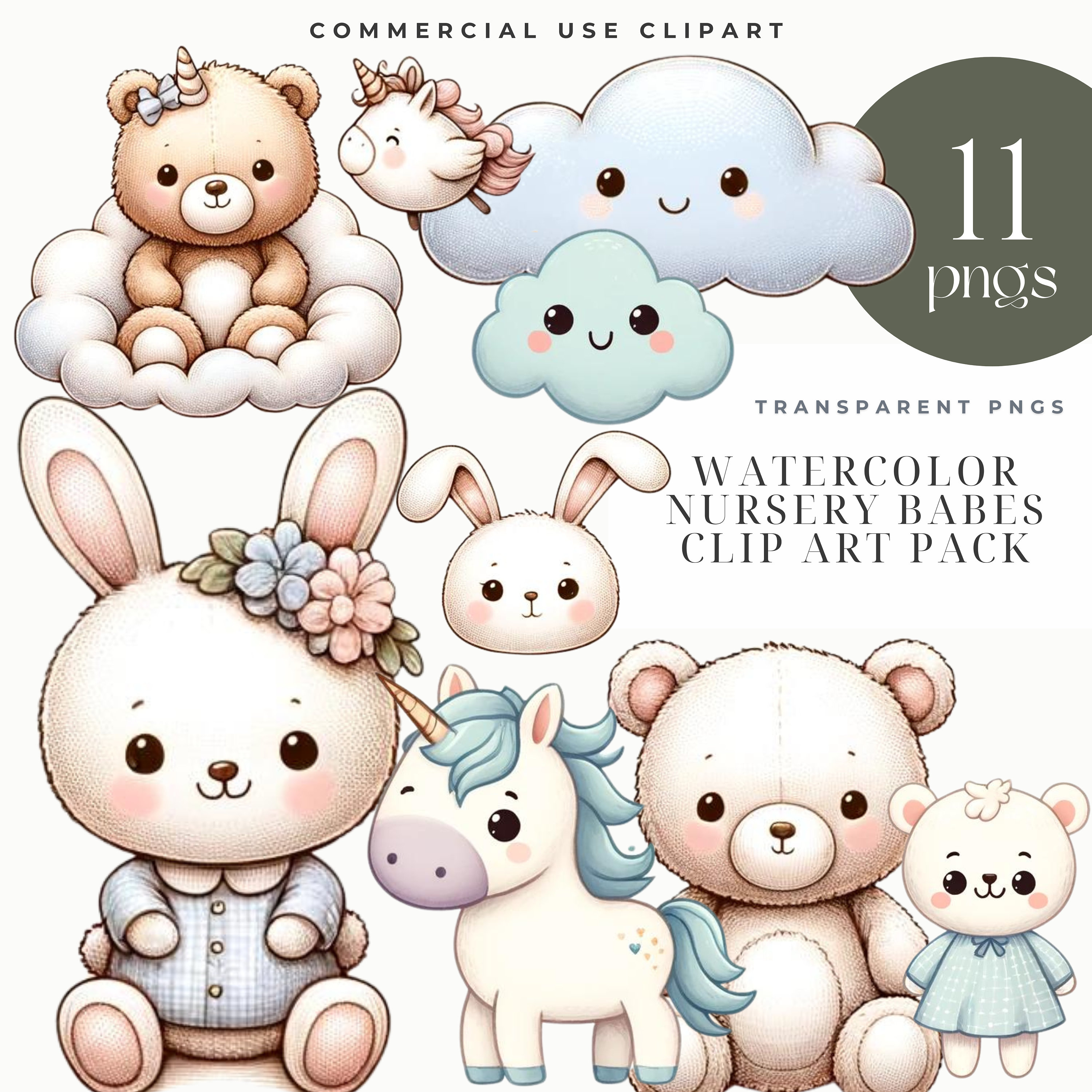 Watercolor Nursery Animals Clipart Pack Cute Baby Animals PNG ...