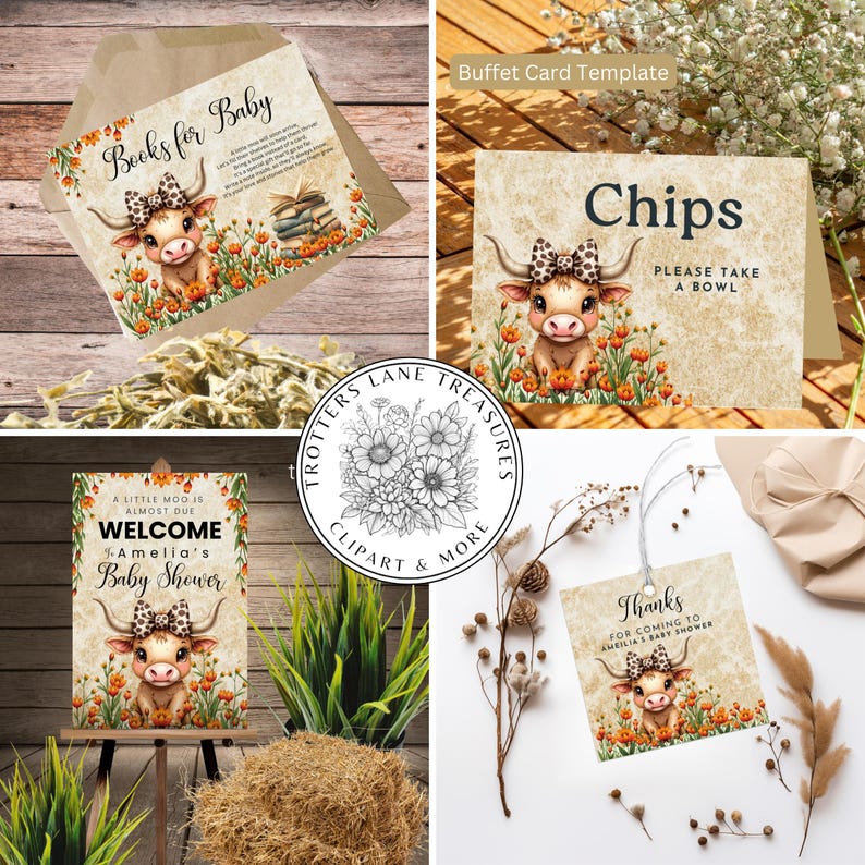 Highland Cow Baby Shower Bundle Invitations Editable Invite Set ...