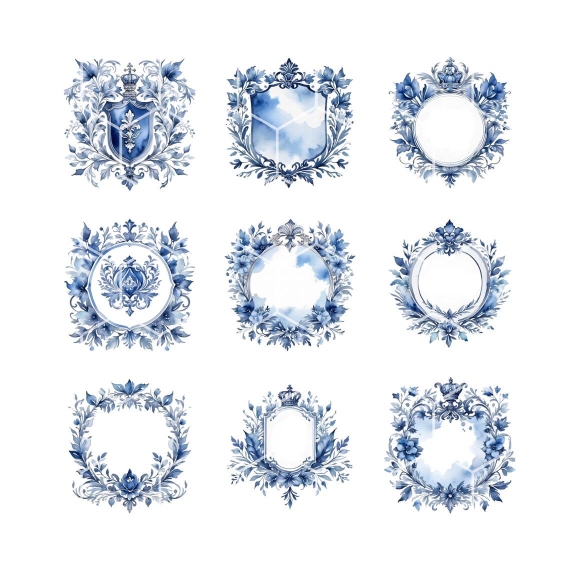 Blue Crest Clipart, Watercolor Wedding Crest Clipart, Floral Crest ...