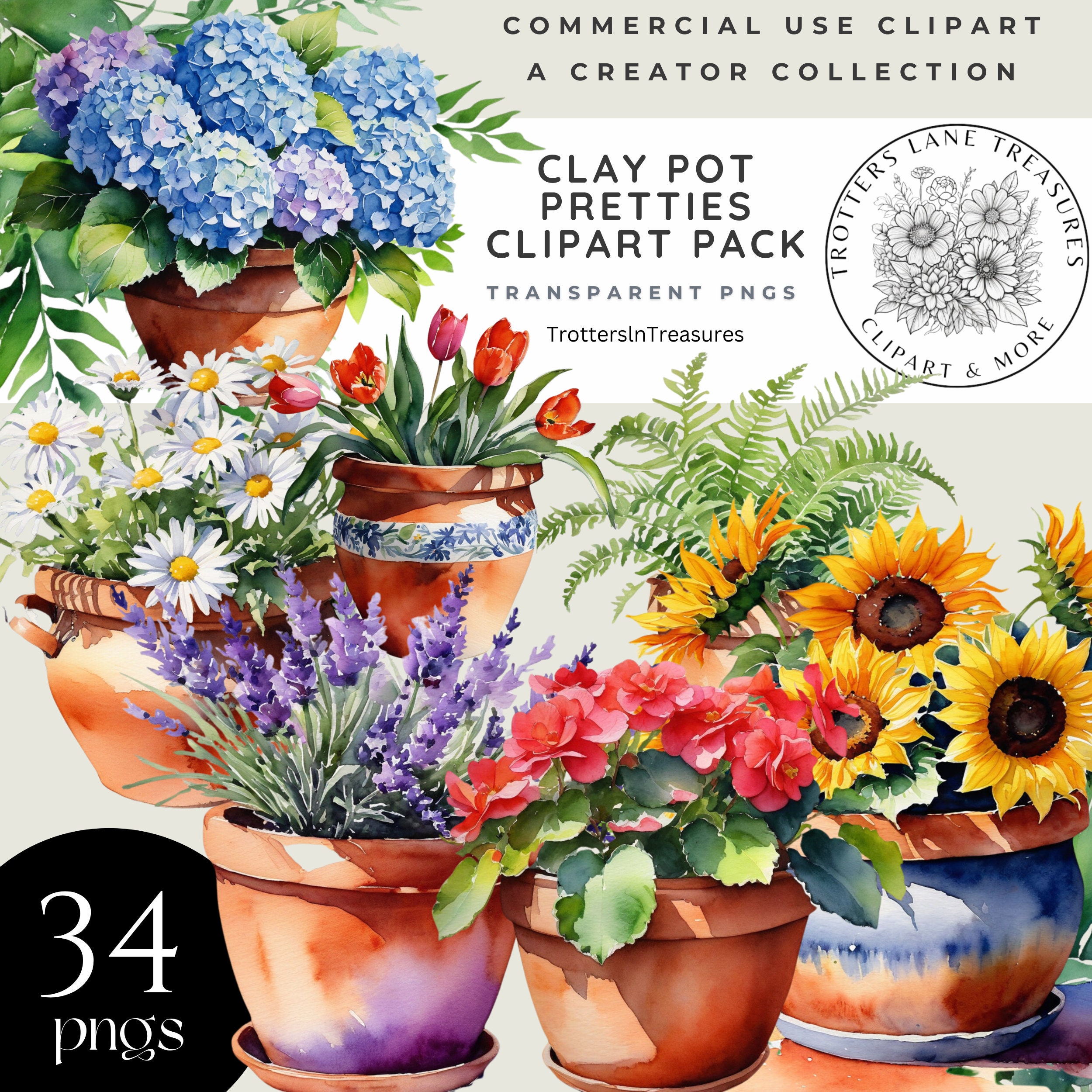 Watercolor Flower Pots Clipart Pack - Transparent Pngs, Floral Planner ...