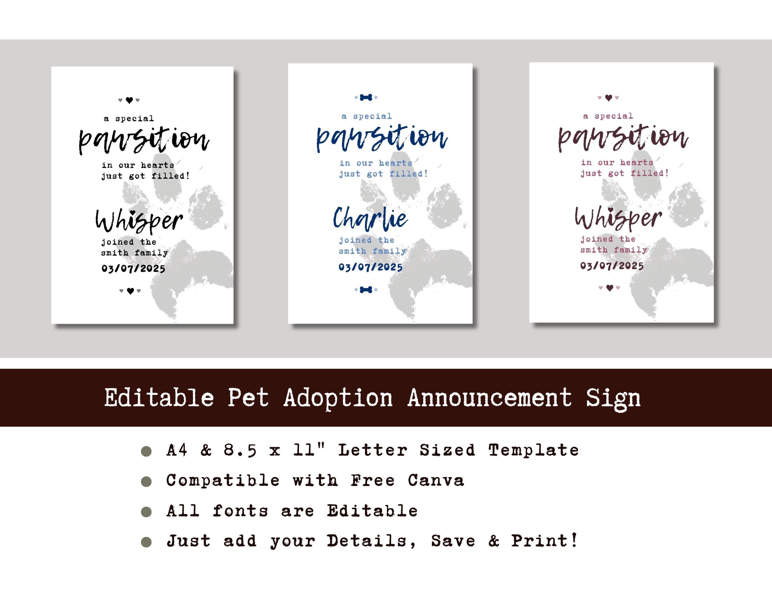 Editable Pet Adoption Announcement Sign: Paw Print Decor (canva ...