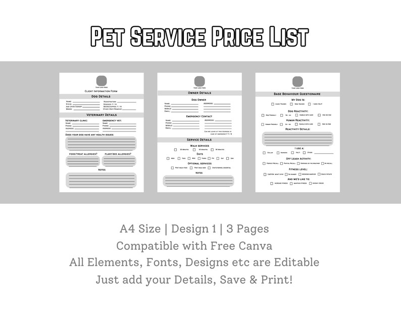 Dog Client Intake Form Template: Pet Business Info Sheet (canva ...
