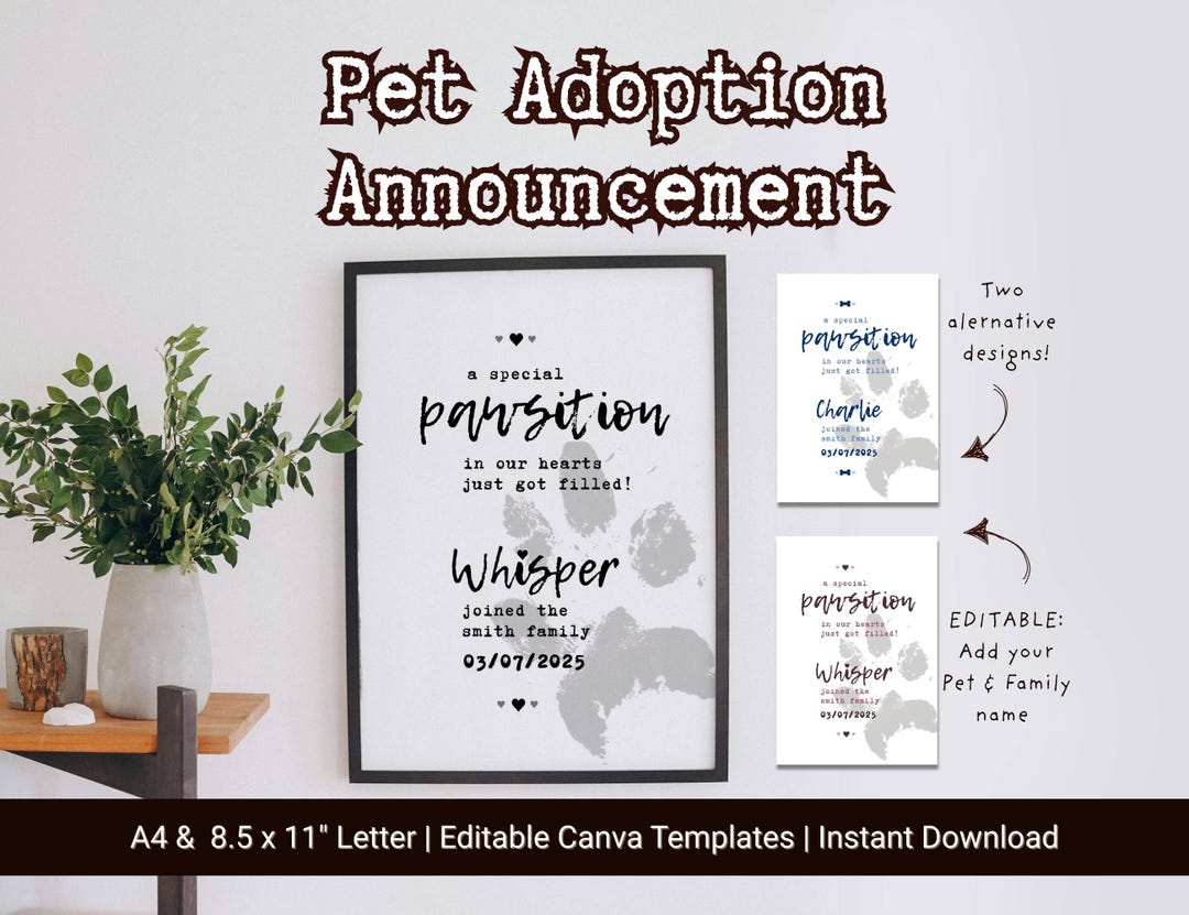 Editable Pet Adoption Announcement Sign: Paw Print Decor (canva ...