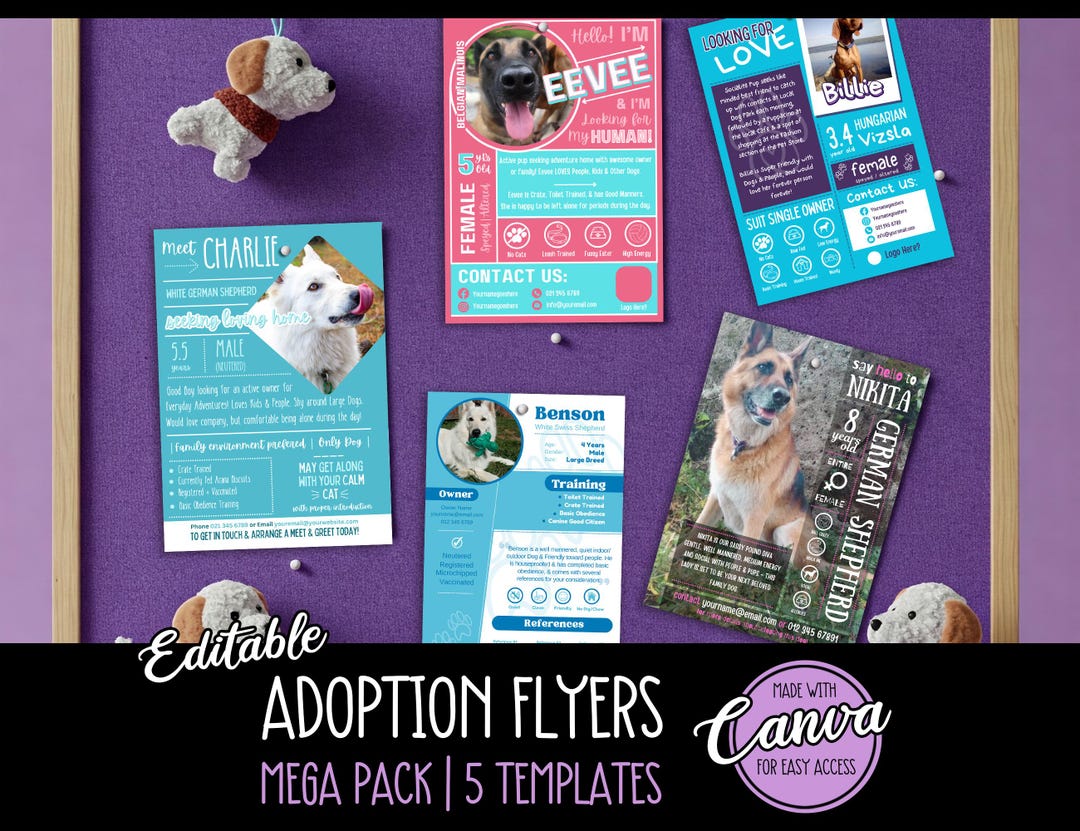 Dog Adoption Flyer BUNDLE – 5 Editable Canva Templates | Rescue ...