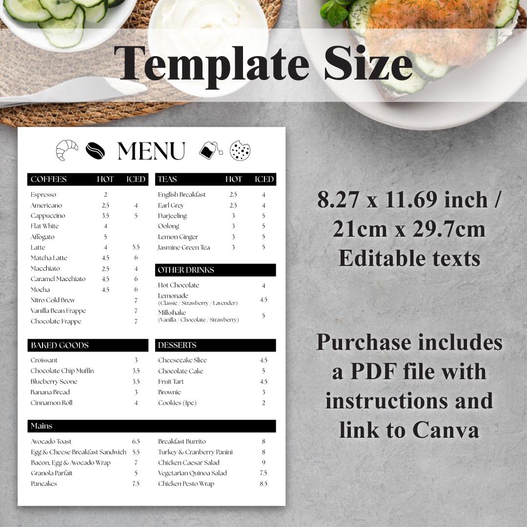 Minimal Black and White Cafe Menu Template (editable on Canva) - Etsy