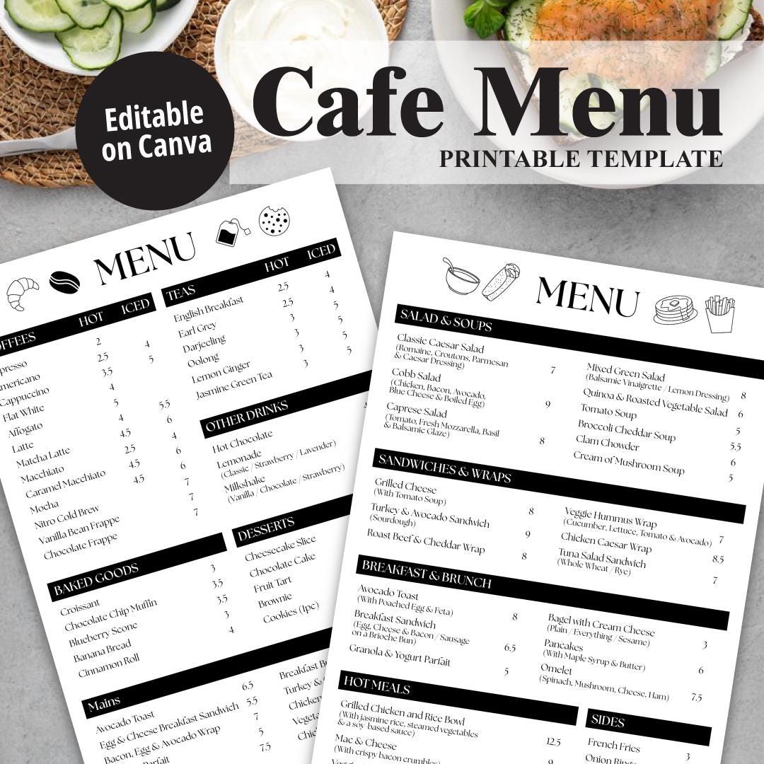 Minimal Black and White Cafe Menu Template (editable on Canva) - Etsy