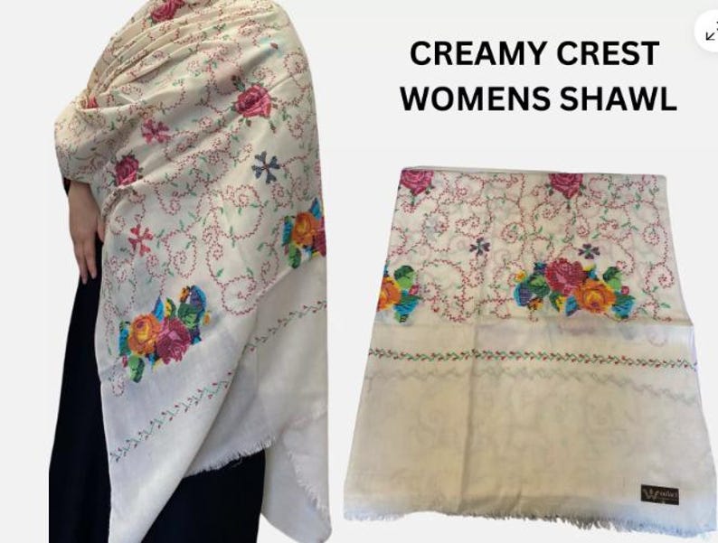 Creamy Crest Swat Valley Hand Embroidered Floral Woolen Shawl Off-white ...