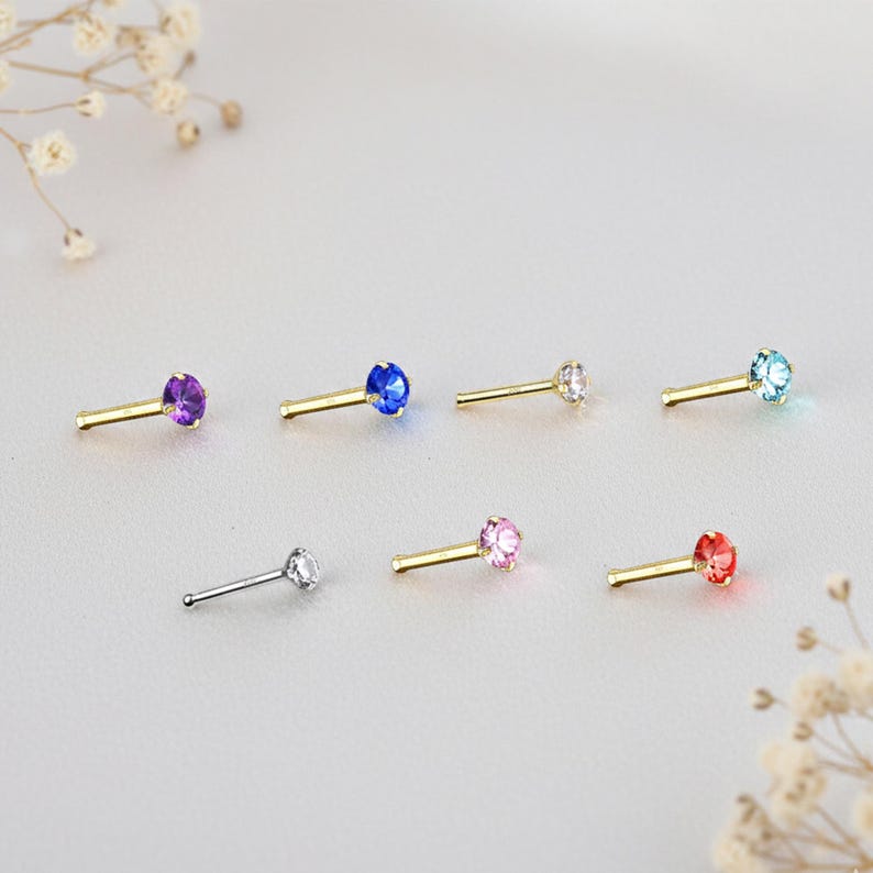 14K Solid Gold Prong Set Gem Top Nose Stud Ring - Etsy