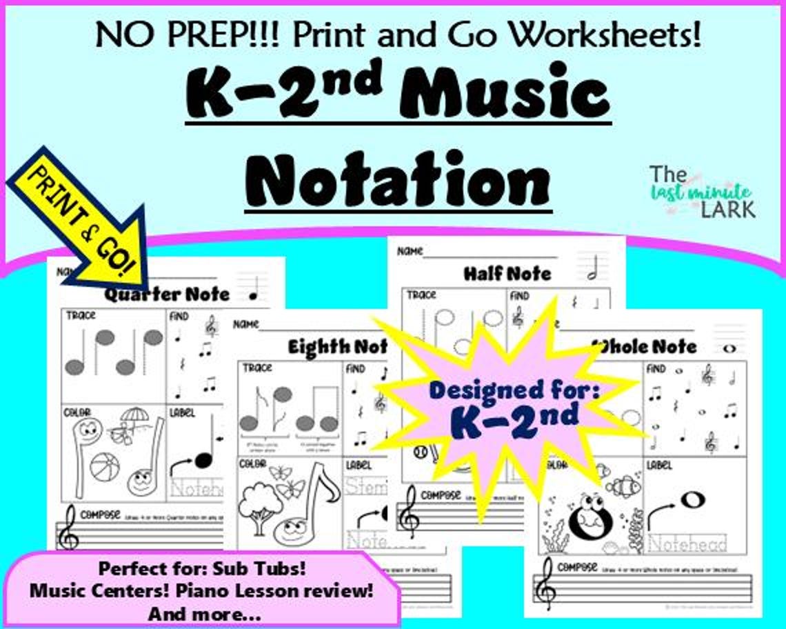 NO PREP!! Digital K-2nd Music Notation Worksheets for School, Sub Tub ...