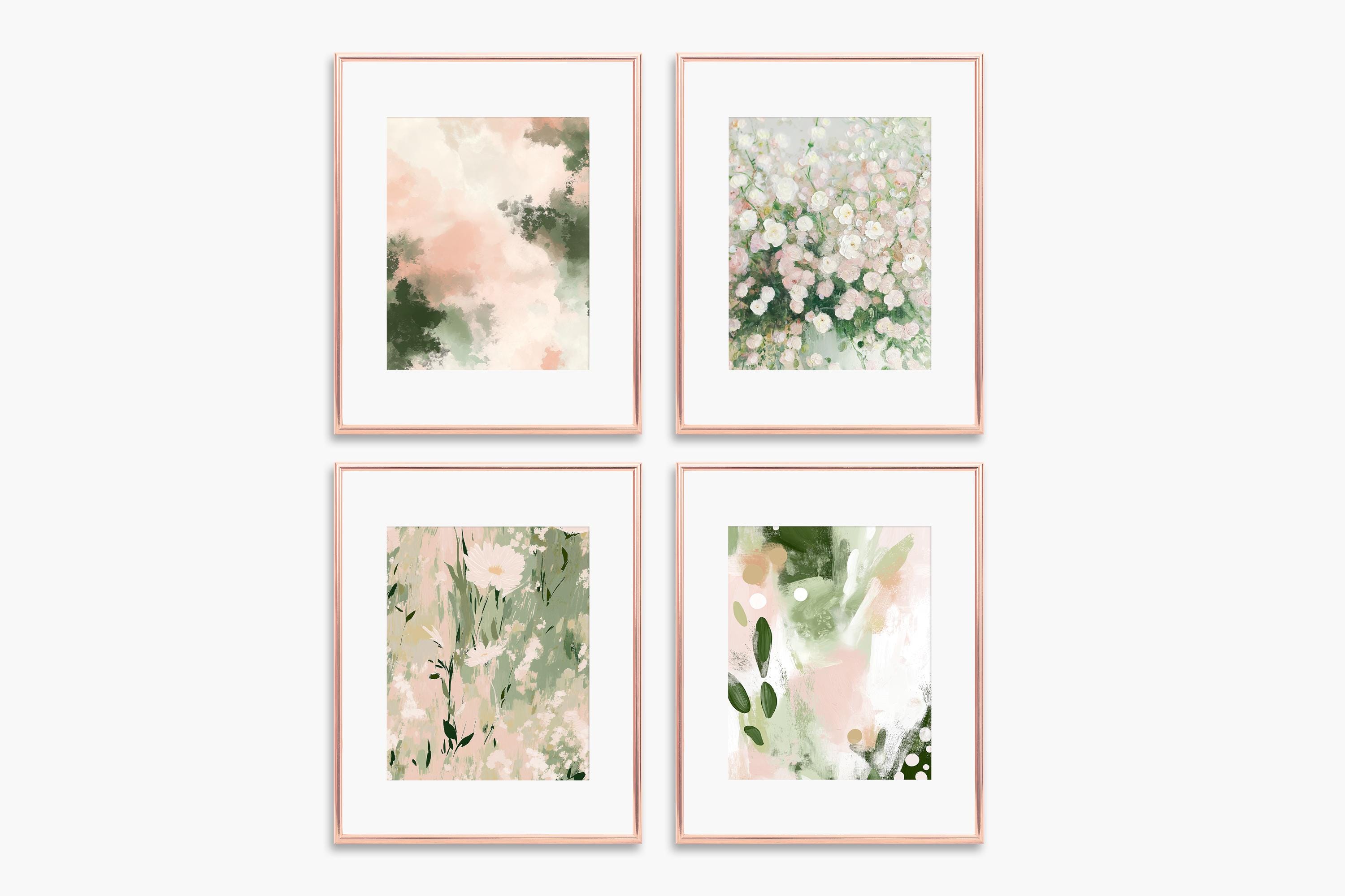 Pastel Floral Art Print Set, Green Pink Flower Wall Art (digital ...