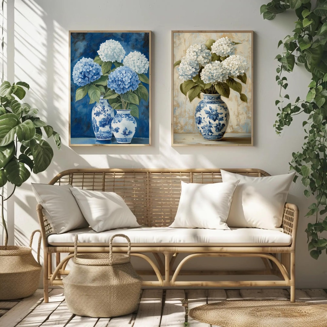 Set of 2 Hydrangea Prints in Blue and White Floral Art Decor Classic ...