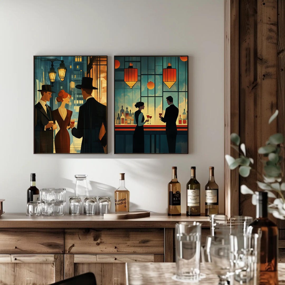 Printable Wall Art Vintage Bar Scene Set of 2 Retro Digital Artwork ...
