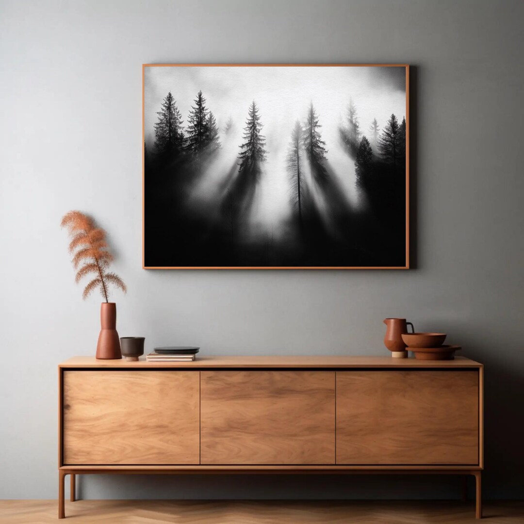 Black and White Forest Wall Art Misty Pine Trees Sunrise Digital Print ...