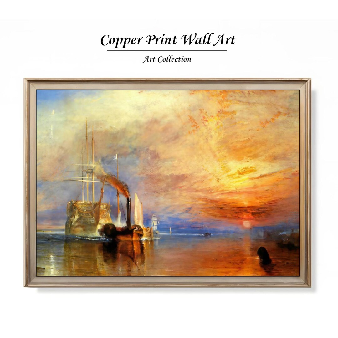 Vintage Sunset Oil Painting Art Print: Towed Vessel Coastal Landscape ...