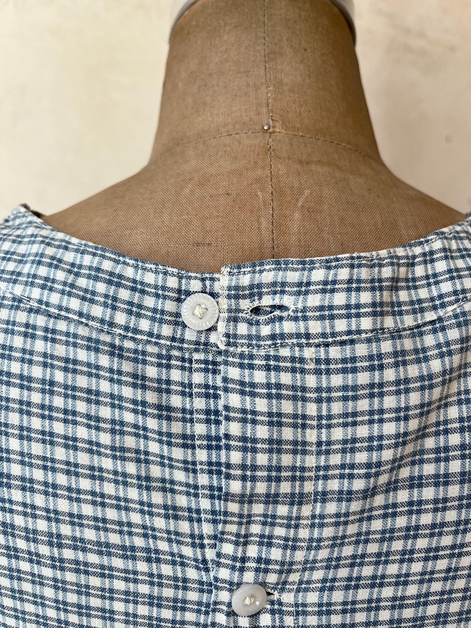 Antique Vintage 1900’s Blue Gingham Pinafore Full Apron Pockets Button ...