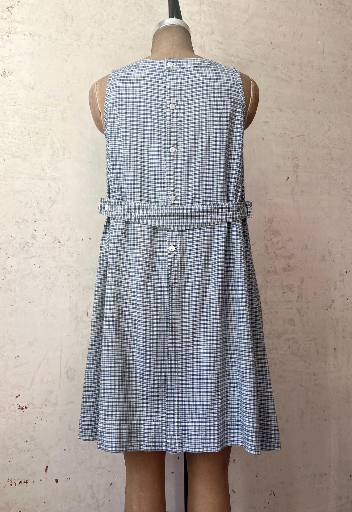 Antique Vintage 1900’s Blue Gingham Pinafore Full Apron Pockets Button ...