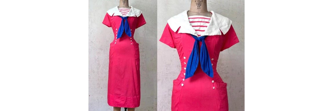 Vintage 50’s 60’s Helen Whiting Red Nautical Sailor Style Wiggle Dress ...