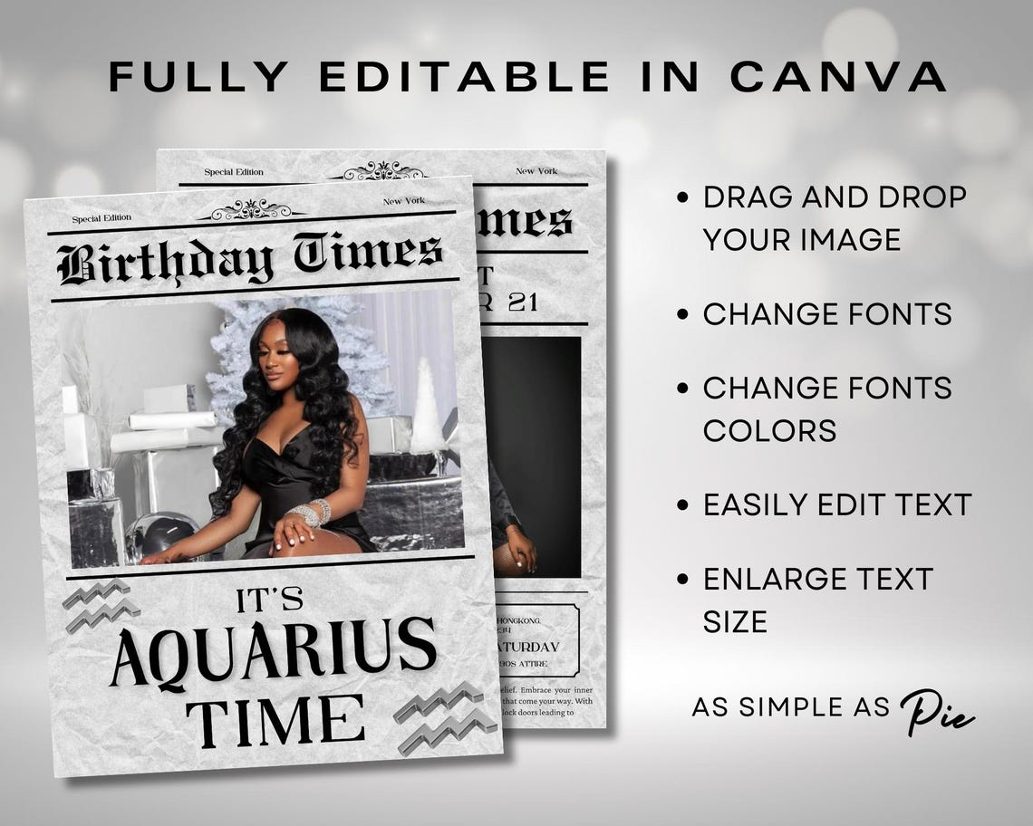 Aquarius Birthday Newspaper Canva Template, Birthday Newspaper Template ...