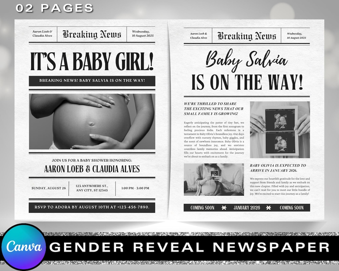 Gender Reveal Newspaper Canva Template, Gender Newspaper Template ...