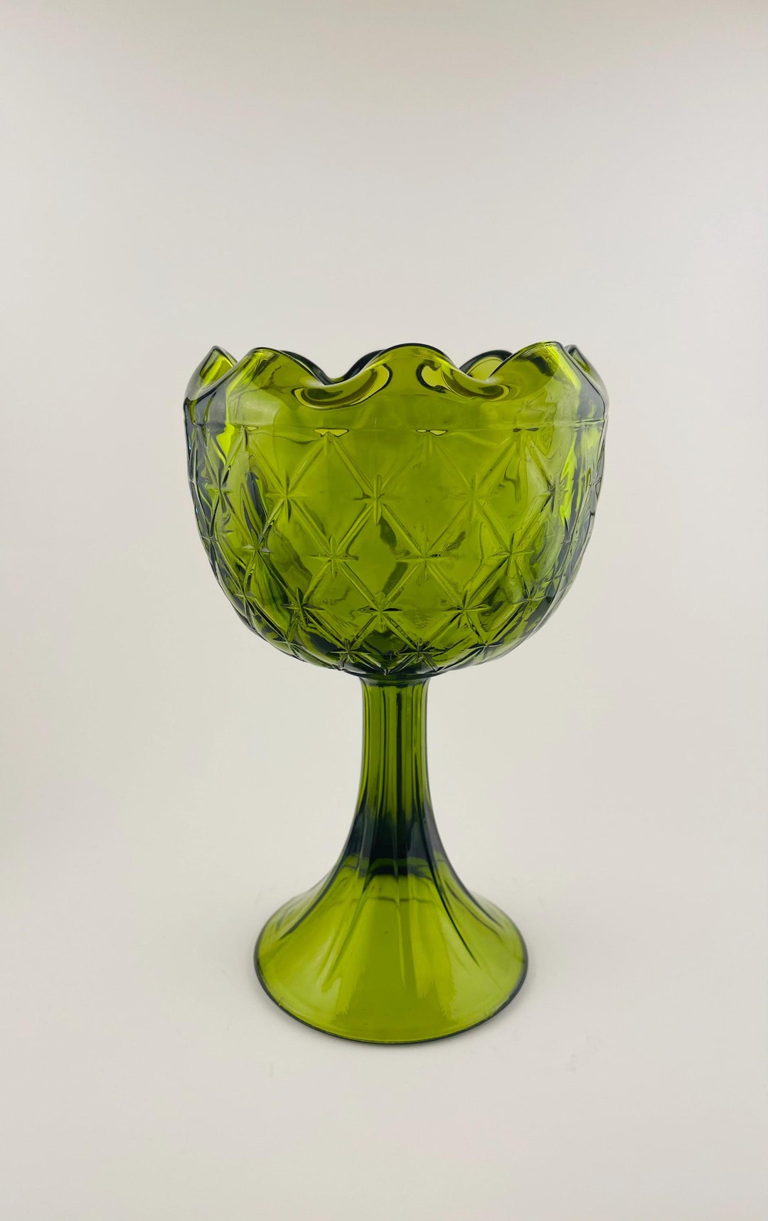 Vintage Green Glass Compote Pedestal Bowl With Diamond and Starburst ...