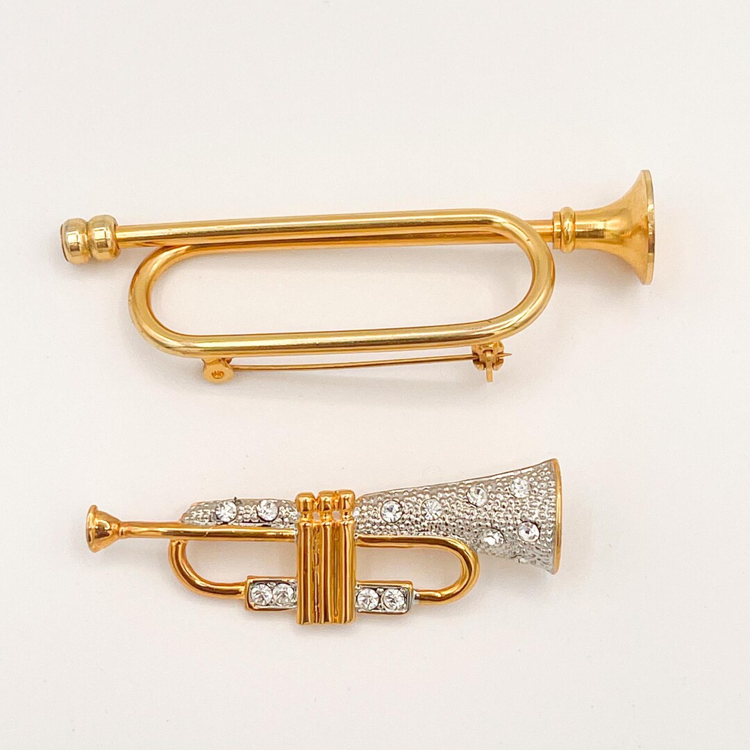 Vintage Gold Tone Trumpet Brooch Pin - Rhinestone Embellished Jazz ...