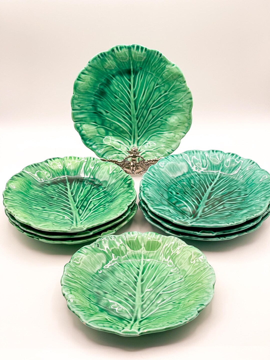 Vintage Spanish Majolica Cabbage Leaf Plates - Set of 8 - Made in Spain ...