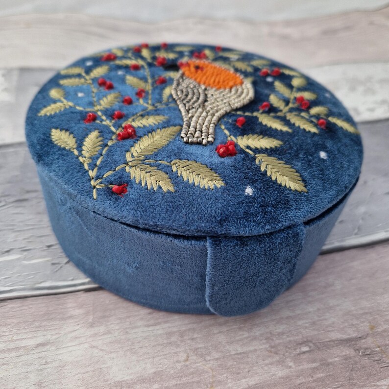 Blue Velvet Jewellery Box With an Embroidered Robin and Holly Design ...