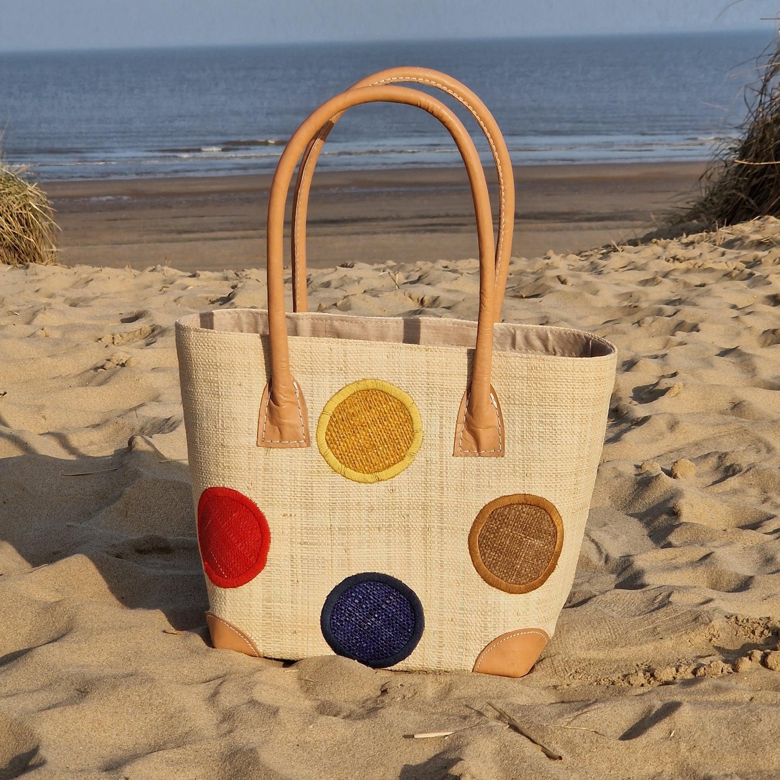 Raffia Basket: Spotty Dotty Design, Leather Handles, Drawstring Top - Etsy